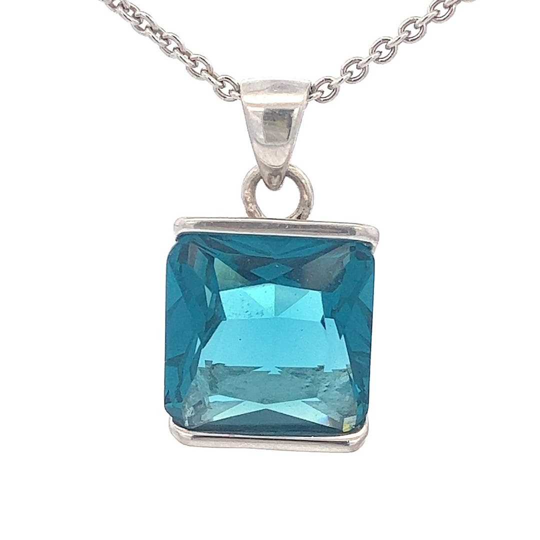 Teal Blue Square Radiant Glass and Sterling Silver Pendant- Vintage 925 ...