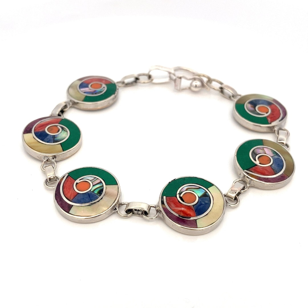 Inlayed Gemstone and Shell Spiral Design Link Bracelet Handmade in 950 ...