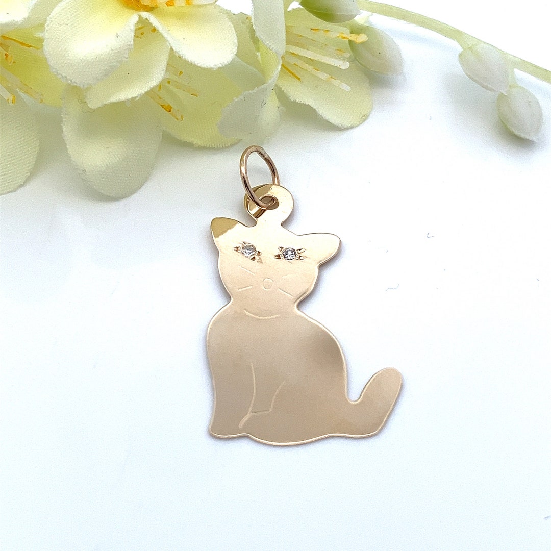 Vintage 14k Yellow Gold Cat Charm Pendant ~ Diamond Eyes ~ ET2743 - Etsy