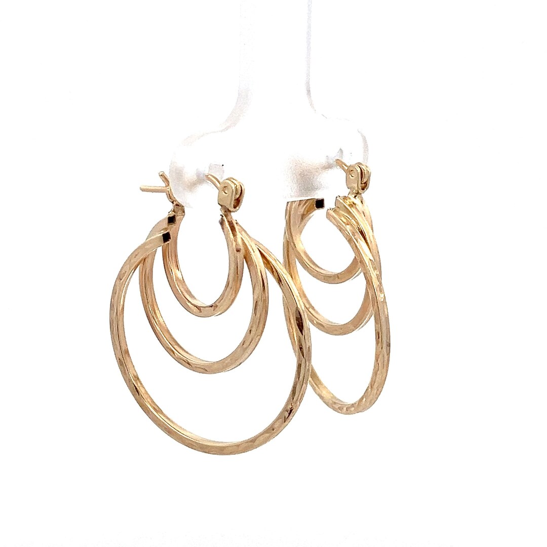 10k Yellow Gold Triple Hoop Snap Clasp Earrings - Fancy Diamond Cut ...
