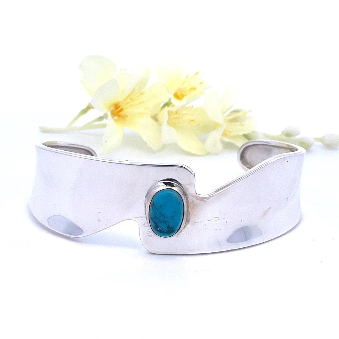 Unique Sterling Silver Modern Design Cuff With Turquoise Stone - Fits ...