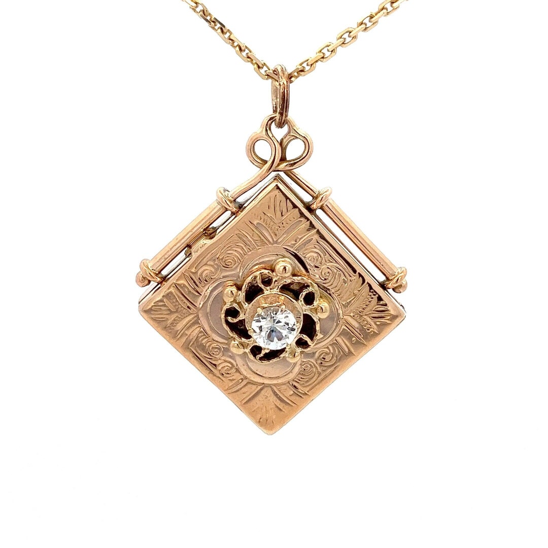 Antique Victorian Locket, 14k Rose Gold Square Locket- Engraved Design ...
