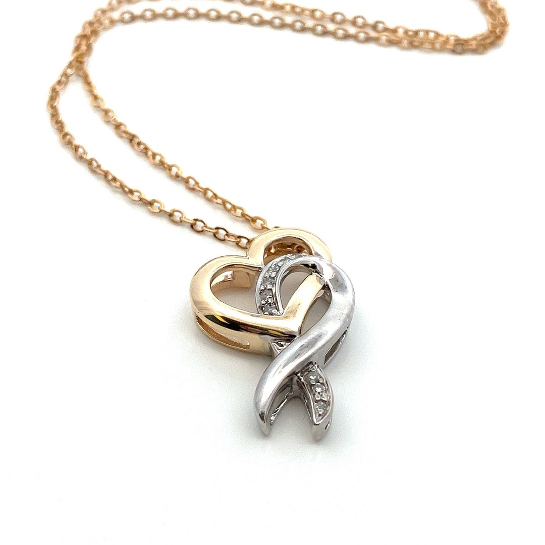10kt Gold Heart and Awareness Ribbon ~ Two Tone Natural Diamond Pendant ...
