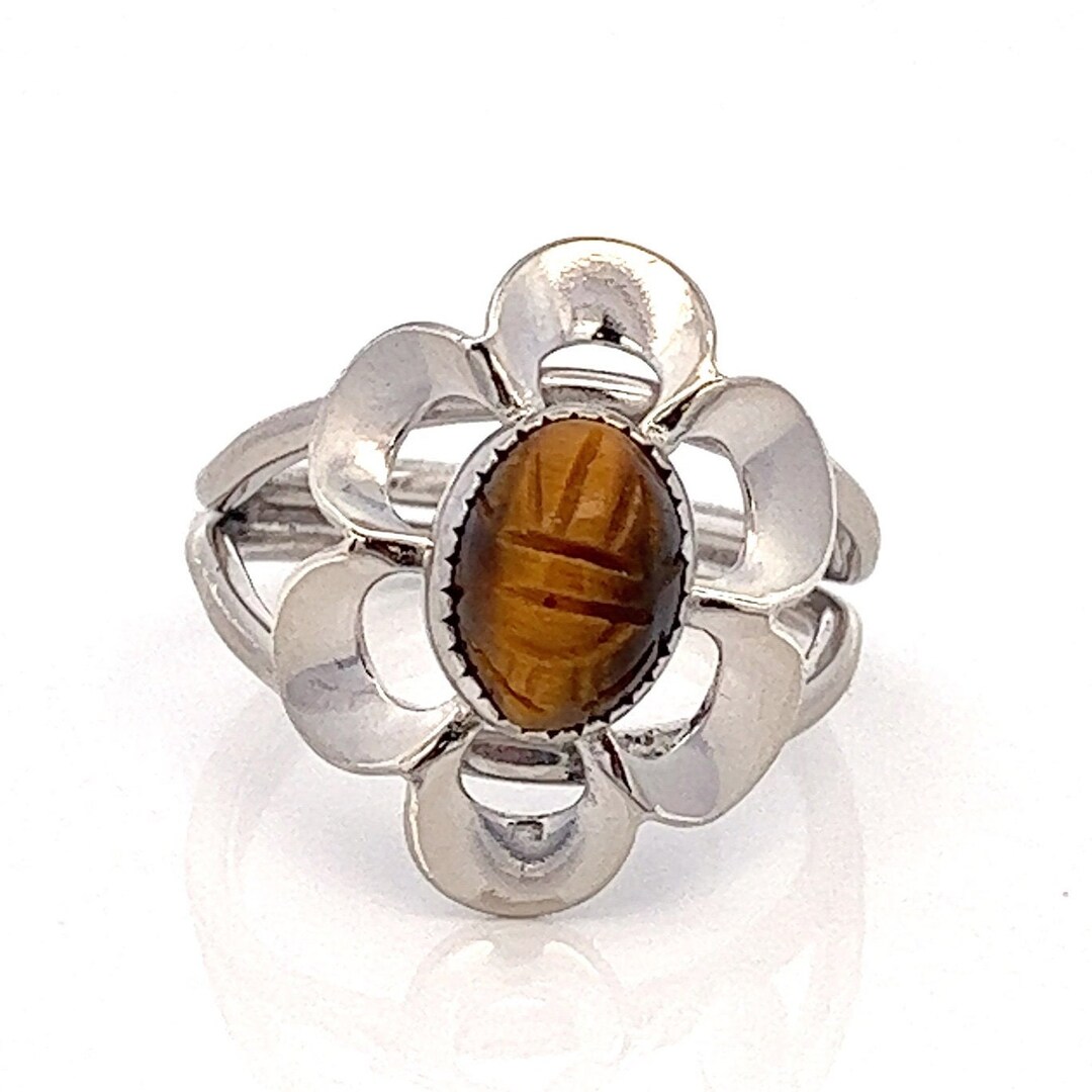 Carved Tiger's Eye Scarab Sterling Silver Floral Ring~ 925 Sterling ...