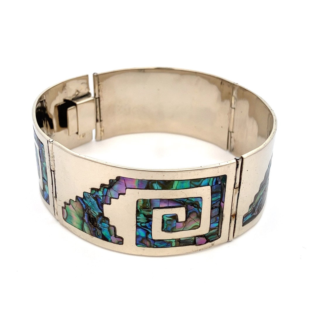 Vintage Mexican Inlayed Abalone Shell Panel Bracelet- 925 Sterling ...