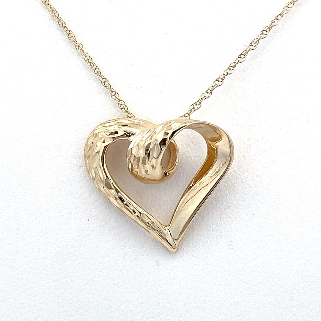 10k Yellow Gold Floating Heart Pendant Necklace - Diamond Cut Finish ...