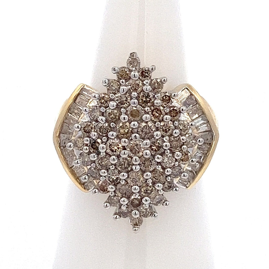 Champagne Diamond Cluster Ring: 10K Yellow Gold Cocktail Ring, Size 7 ...