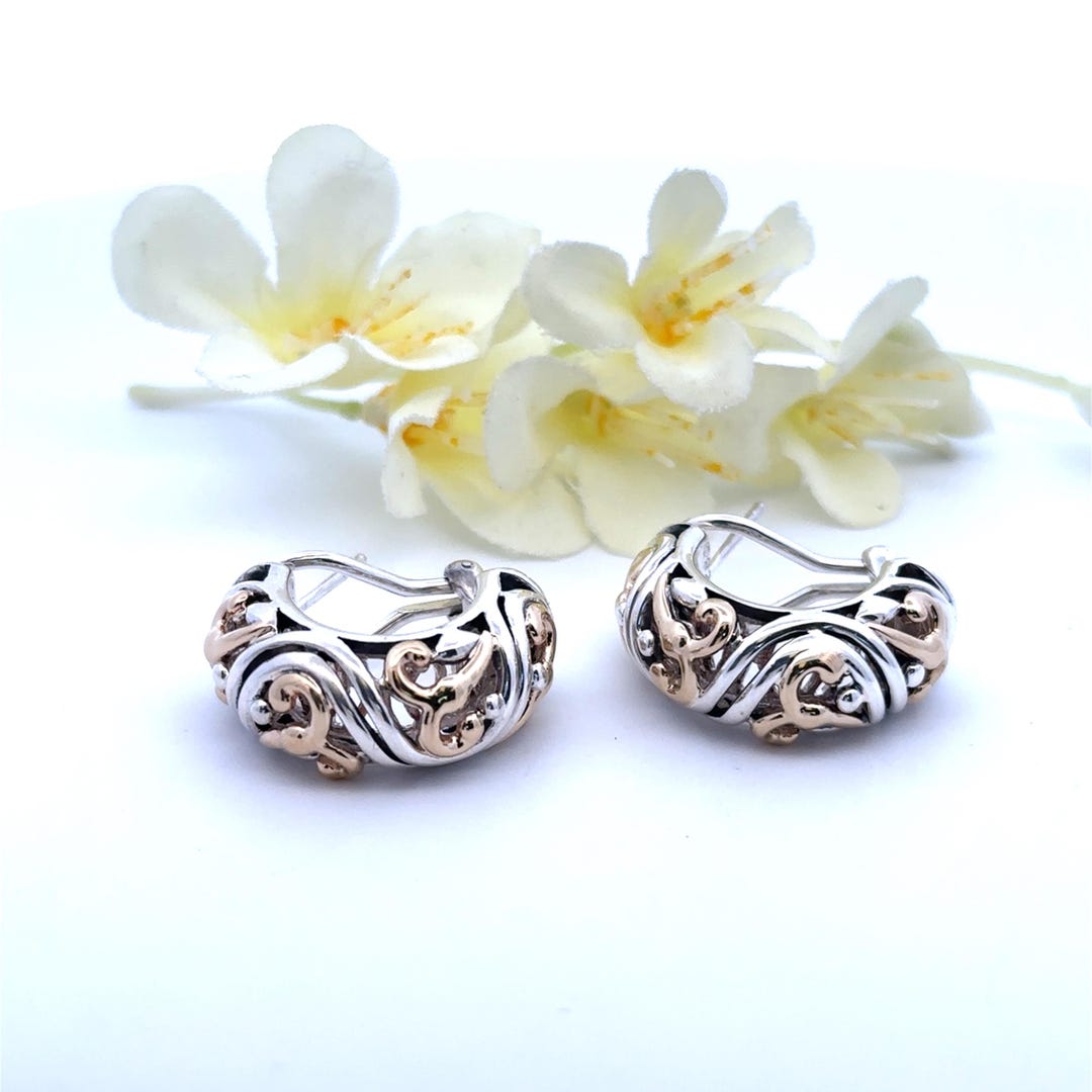 Open Work Sterling Silver and 14k Yellow Gold Wide Hoop Earrings~ Two ...