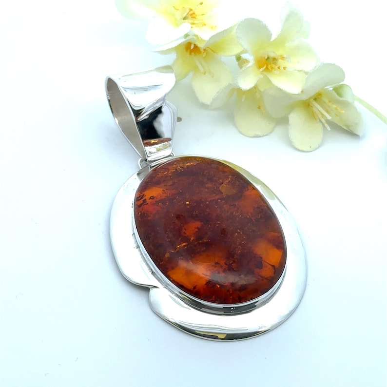 Large Amber Sterling Silver Pendant - Jay King DTR Vintage Large Oval ...
