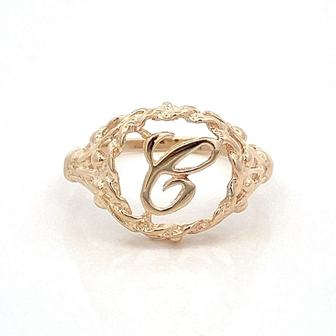 Script Letter C Solid 14k Yellow Gold Initial Ring ~ Letter C Signet ...