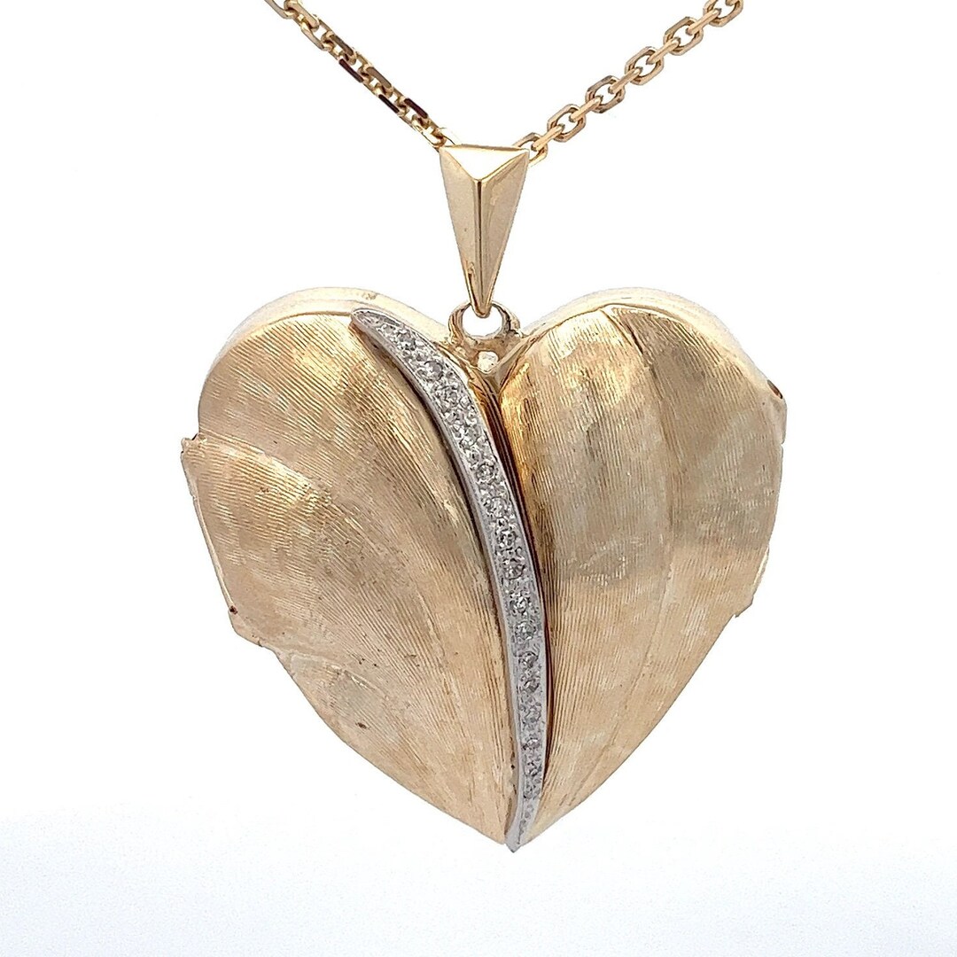 Large Heart Locket With Diamonds - Solid 14k Yellow and White Gold - Bi ...
