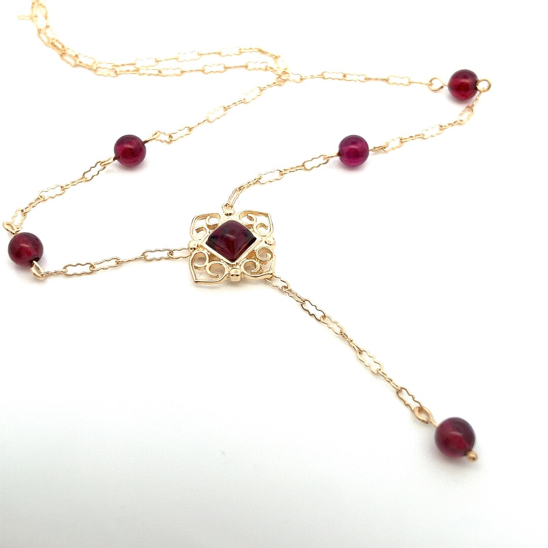 Red Garnet Gemstones 14k Yellow Gold Filigree Necklace- Y-shaped Drop ...