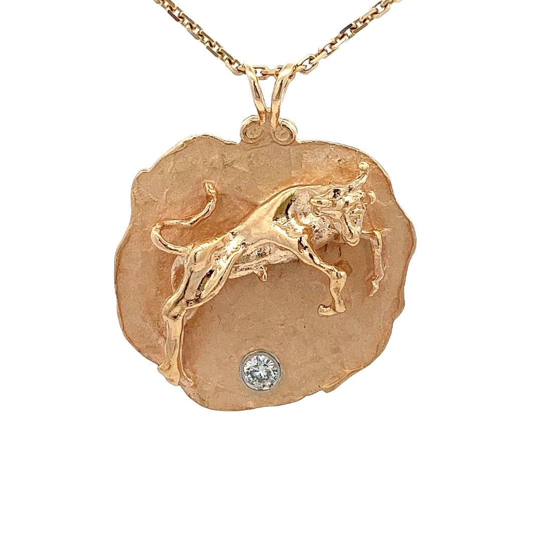 Vintage 14k Solid Gold Taurus Zodiac Symbol With Diamond Pendant - Bull ...