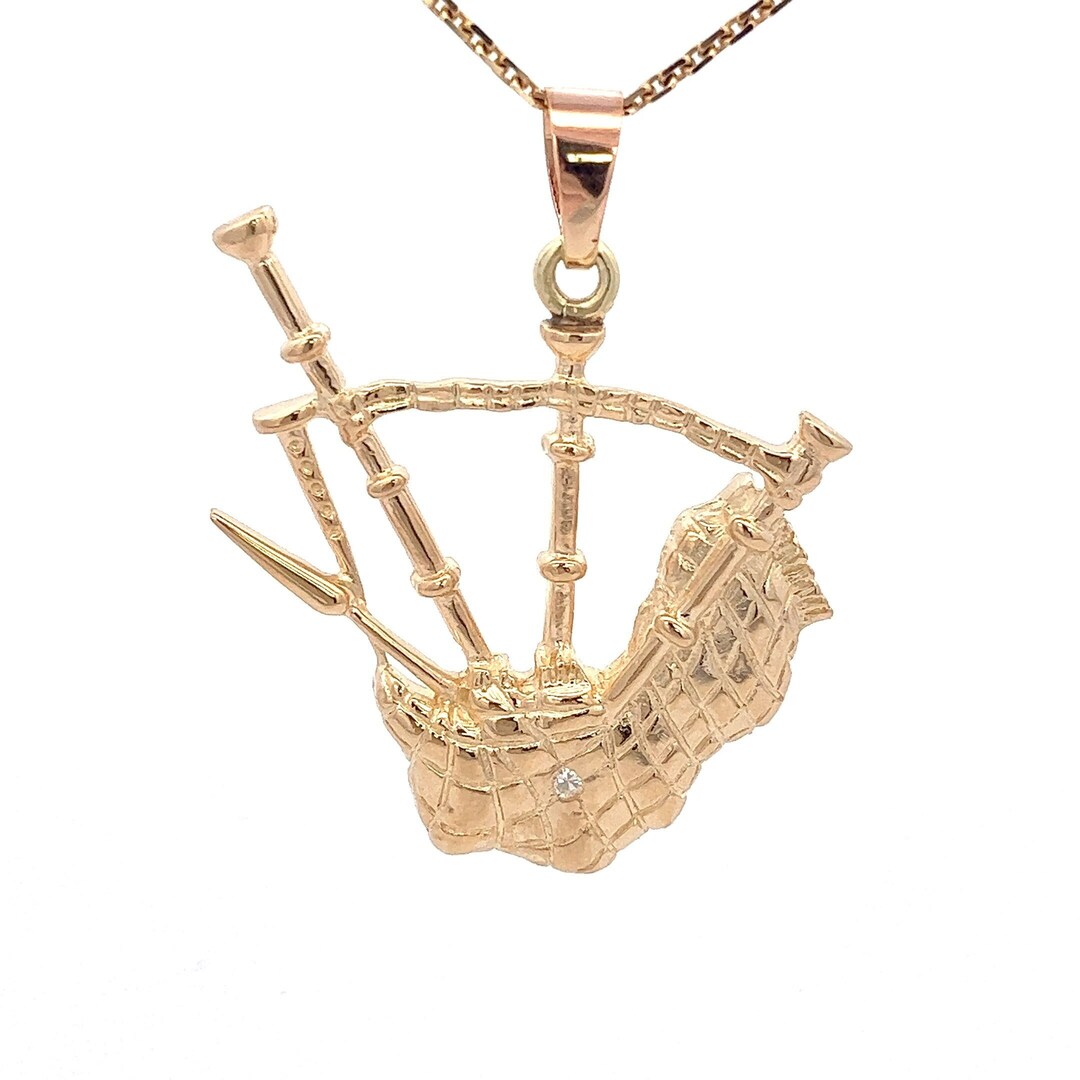 Large Scottish Bagpipe Pendant With Diamond - Two Tone 14k Yellow and ...
