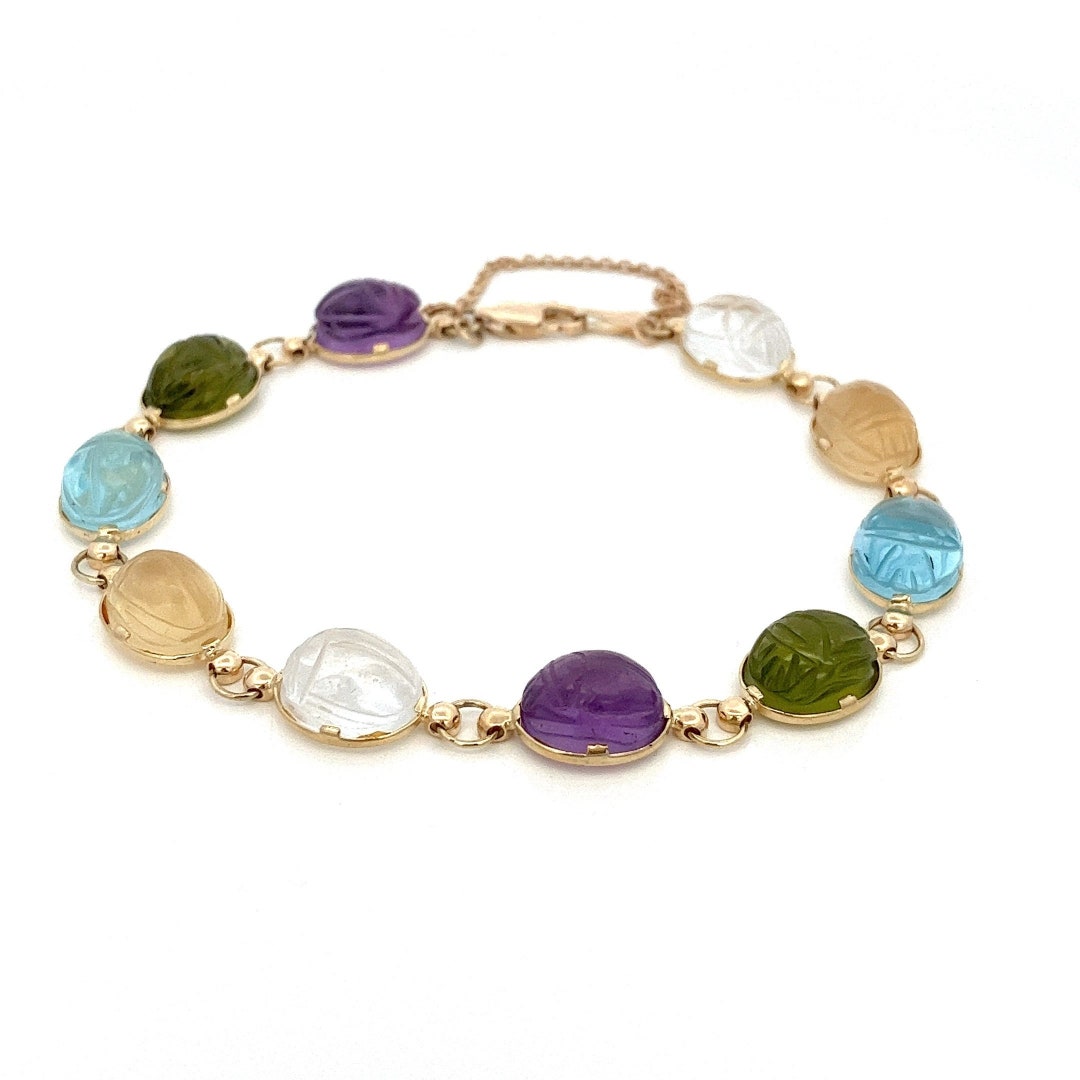 Dainty 14K Yellow Gold Link Bracelet With Multi Colored Gemstones ...