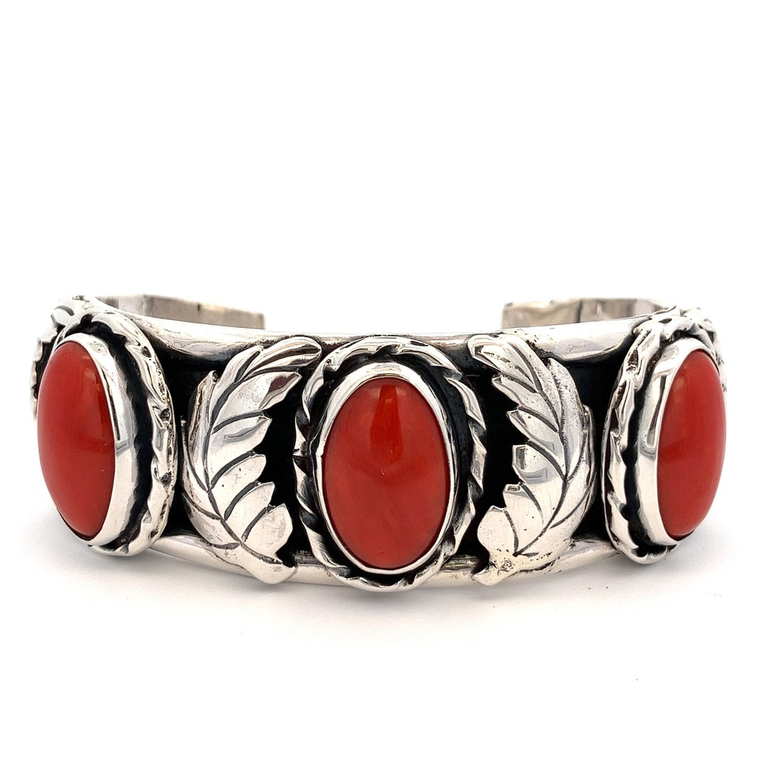 Oval Red Coral Sterling Silver Wide Cuff- Bangle - 925 Southwest Style ...