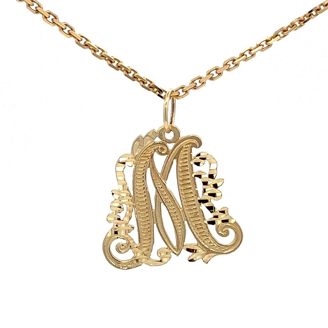 Fancy Script Letter M Initial Gold Pendant Charm- 14k Yellow Gold ...