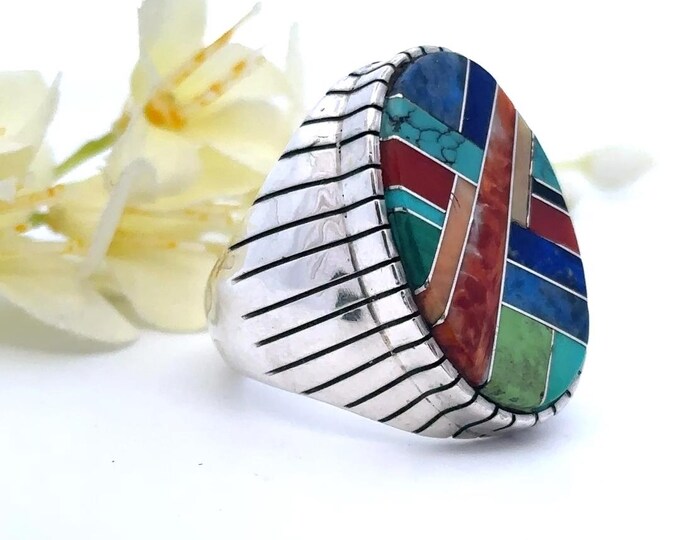 Reserved for Reto- Mens Vintage Navajo Sterling & Multi Inlayed Multi ...