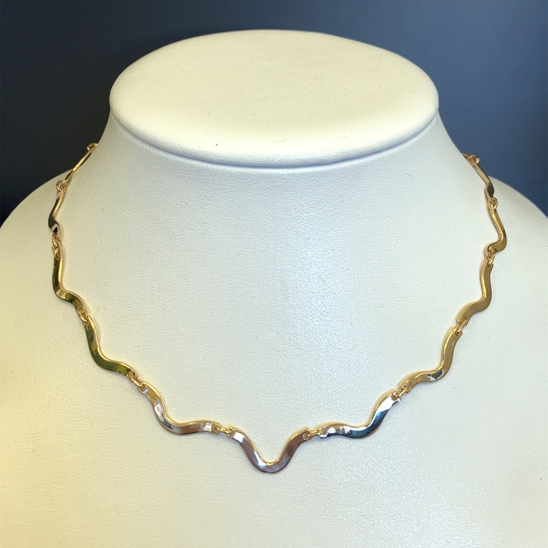 Handmade Solid 14K Yellow Gold Wavy Bar Necklace Chain ~ Estate ...