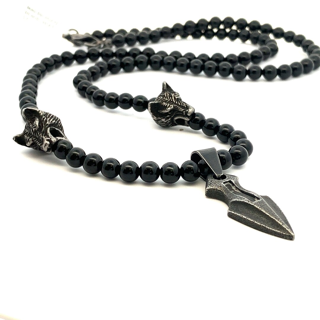 Mens Arrowhead, Wolf, and Black Agate Onyx Gemstone Bead Pendant ...