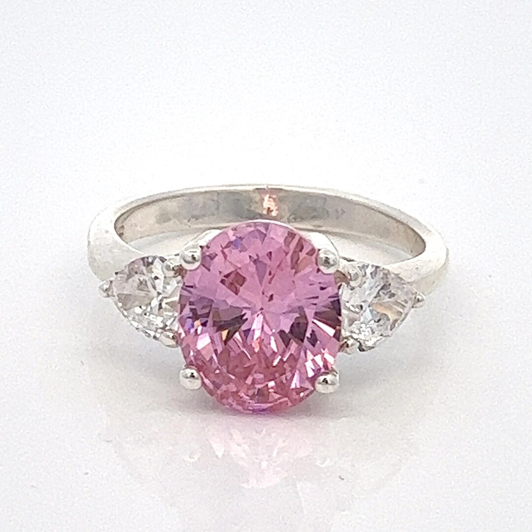 Pink Oval CZ Engagement Ring With White CZ Hearts - Sterling Silver ...