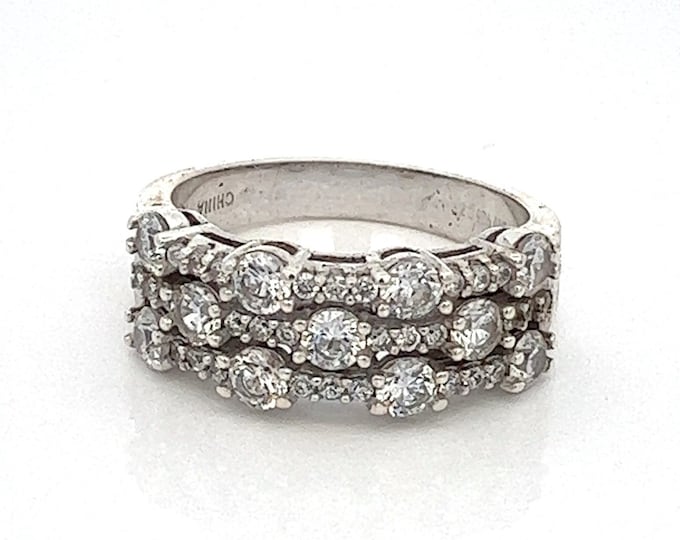 Three Row Cubic Zirconia Sterling Silver Ring Band CZ Wedding or ...