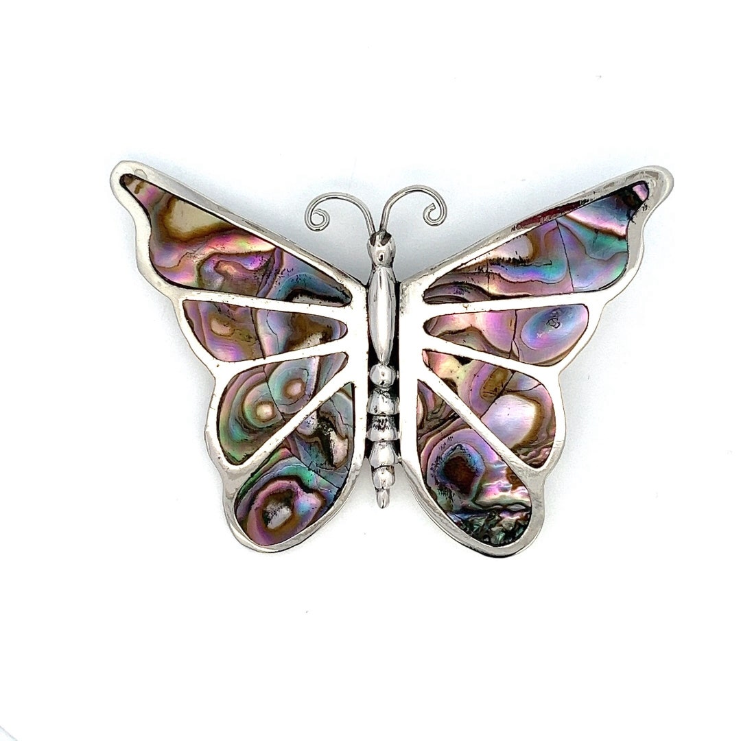 Large Butterfly Brooch- Inlayed Abalone Shell and Sterling Silver ...