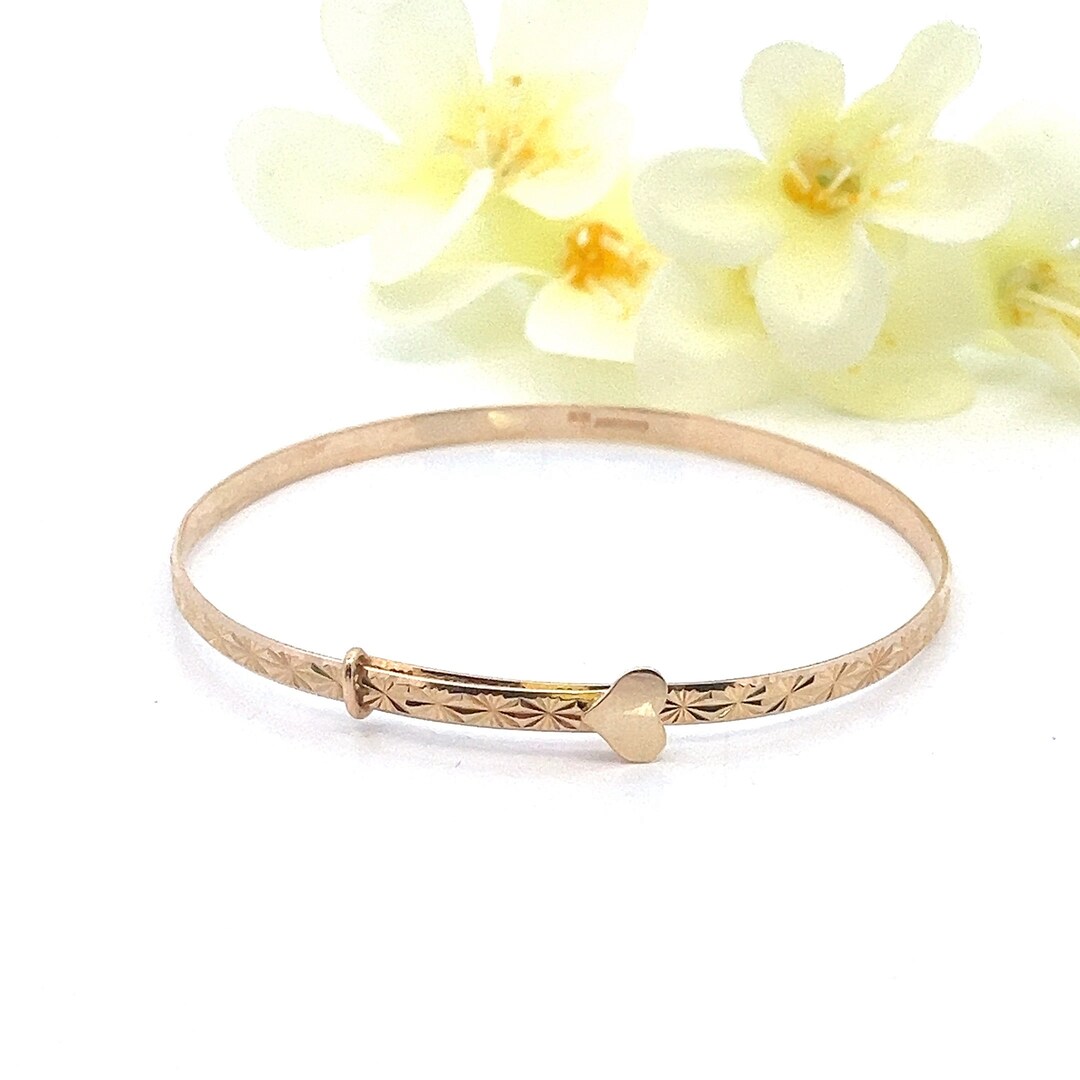 14k Yellow Gold Baby Bangle With Engraved Band and Heart- Expandable ...