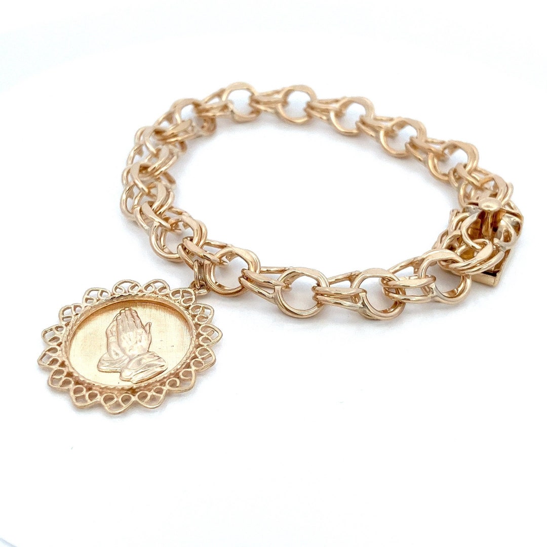 Praying Hands Charm on Wide Double Link Solid 14k Yellow Gold Charm ...