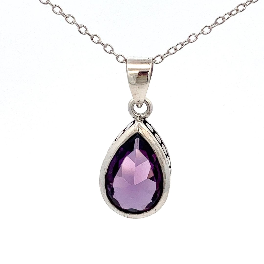 Pear Shaped Amethyst Gemstone Sterling Silver Pendant Necklace~ 925 ...