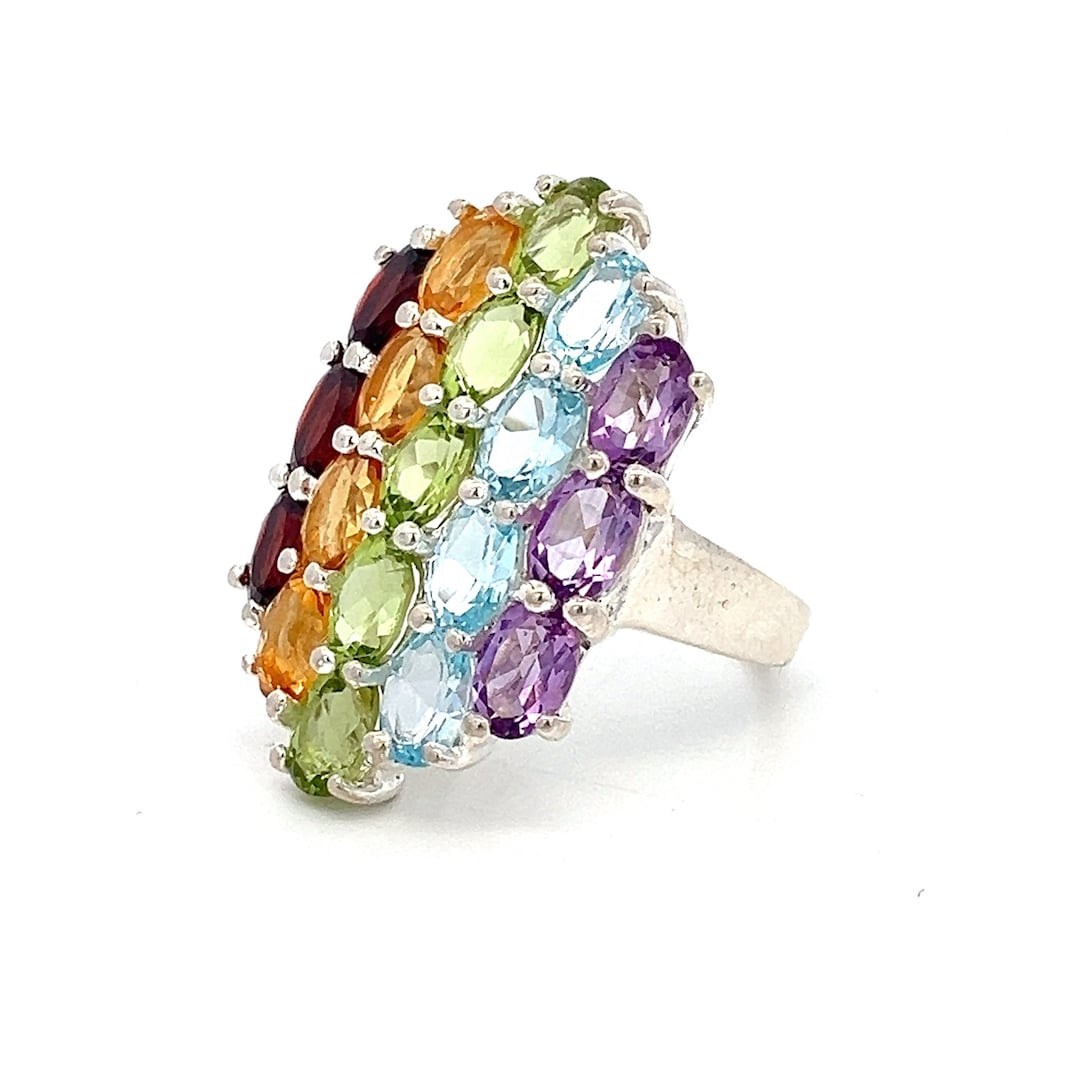 Rainbow Stone Ring - Sterling Silver 5 Row Multi Gemstone Statement Ring ~ Size 7.25 - ET2045 - Etsy