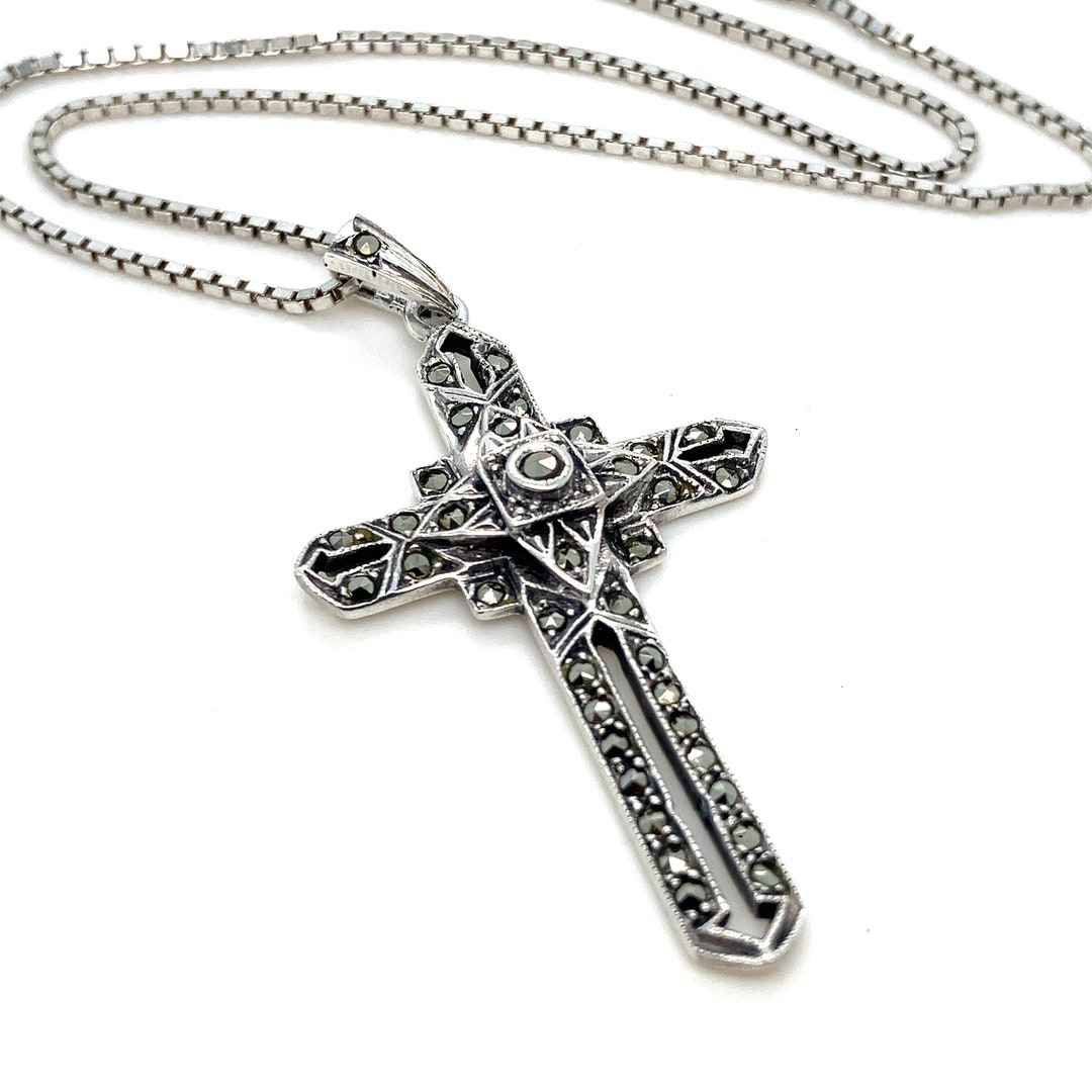 Large Marcasite Sterling Silver Cross Pendant With 24" Box Chain ...