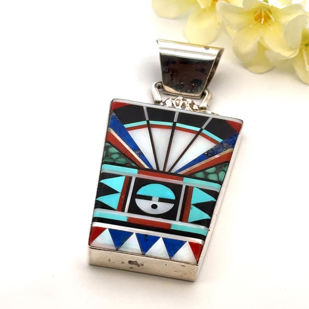 Vintage Zuni Sterling Silver Sun Face Pendant Necklace – Onyx, Coral ...