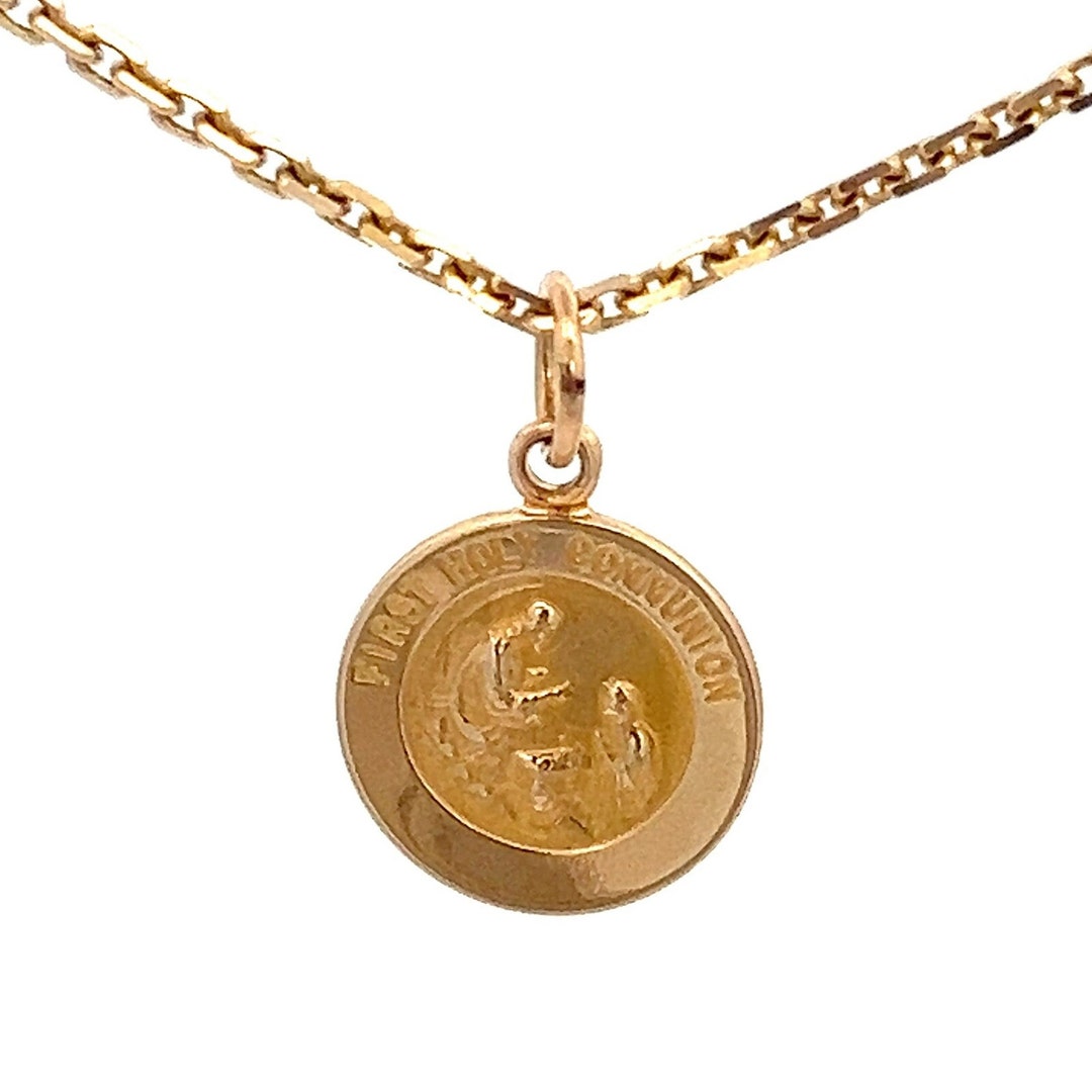 Petite 14K Solid Gold First Holy Communion Round Medal Pendant ...