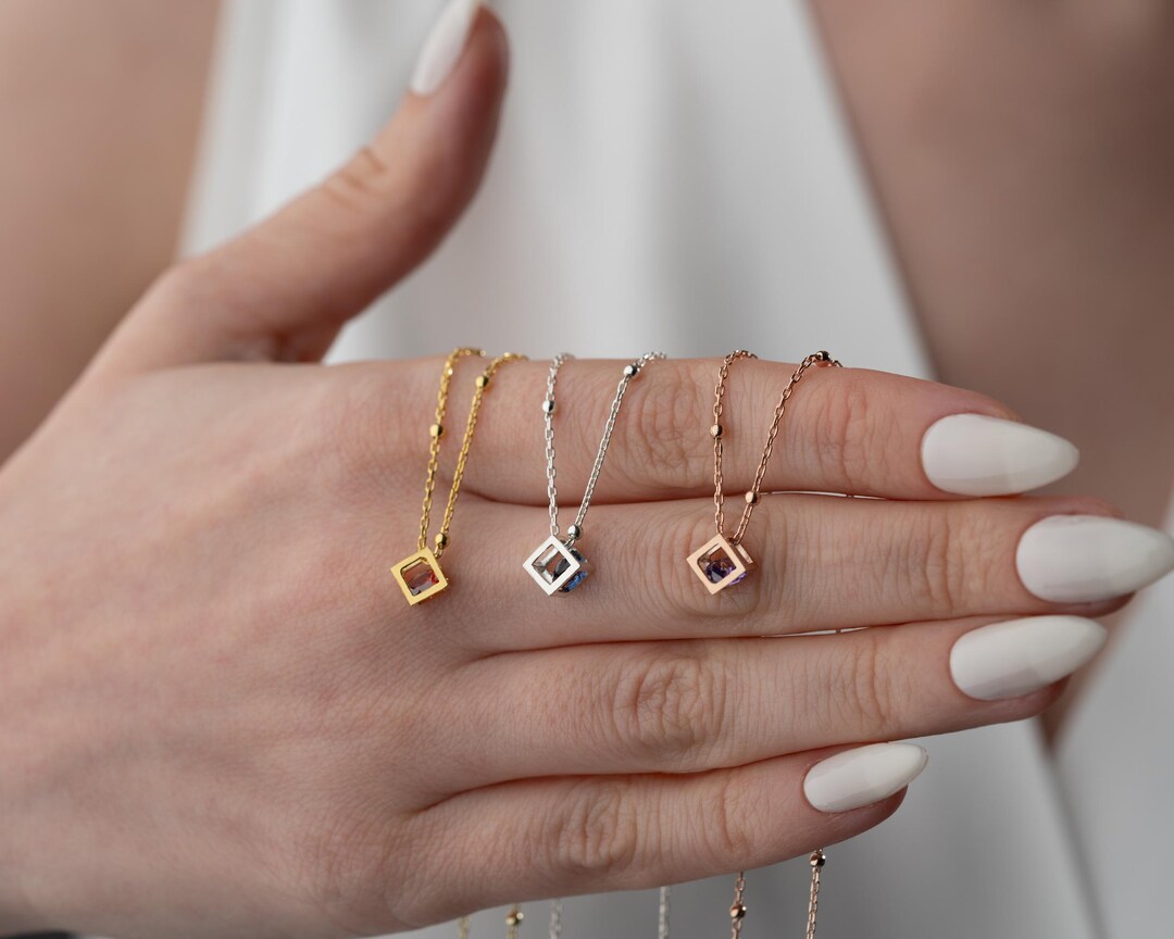 Cube Birthstone Necklace, Small Birthstone Charm, Cube Charm Pendant ...