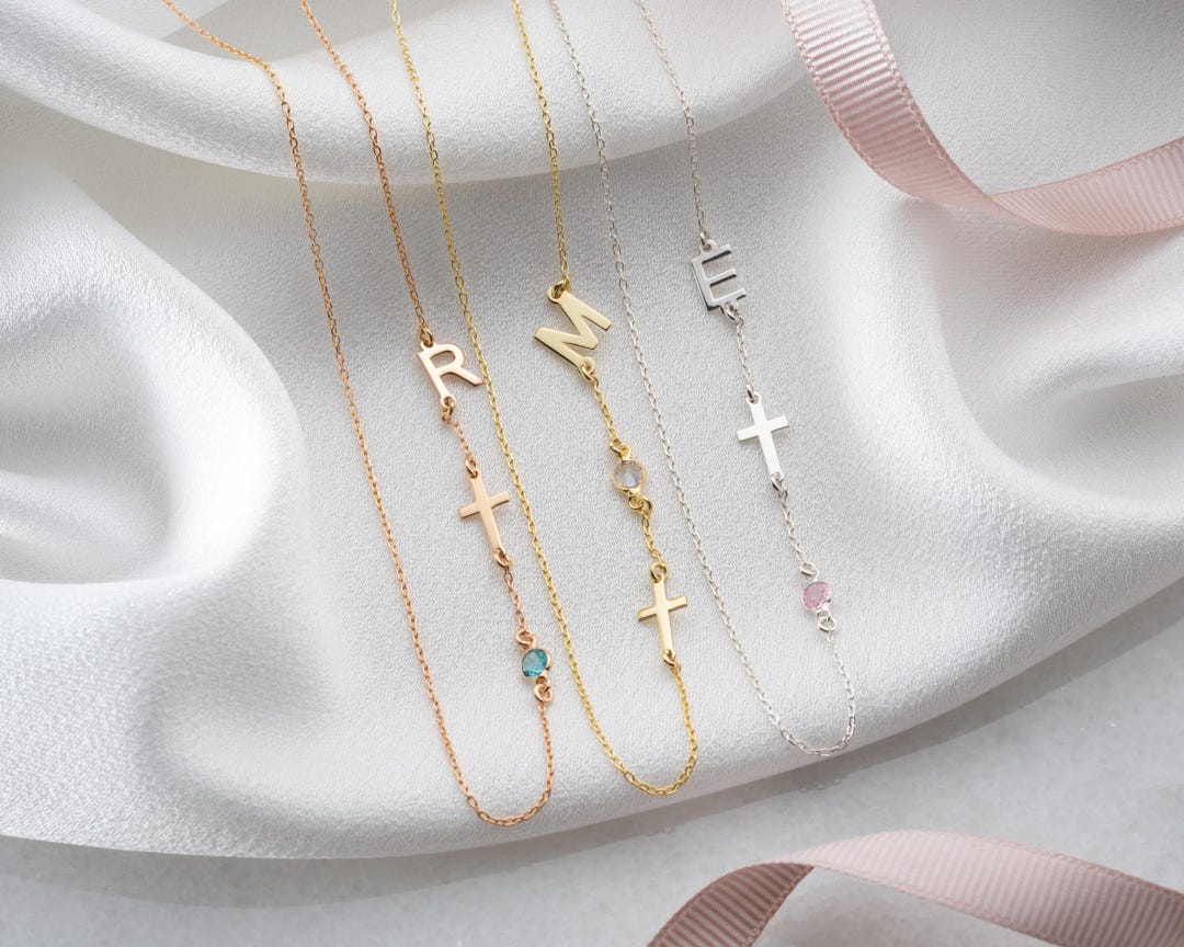 Sideways Cross Initial Necklace With Birthstone, Personalized Cross ...