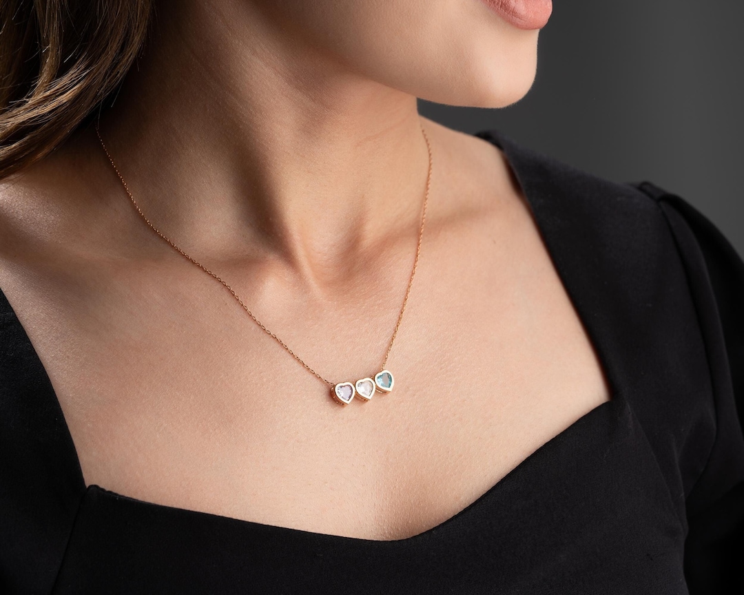 Dainty Birthstone Heart Necklace, Couples Birthstone Necklace, Family ...