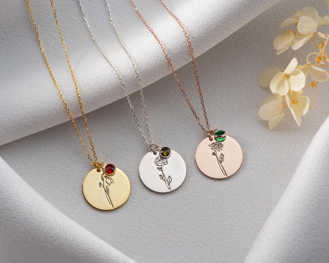 Birth Flower Swarovski Birthstone Necklace, Birth Month Flower Necklace ...