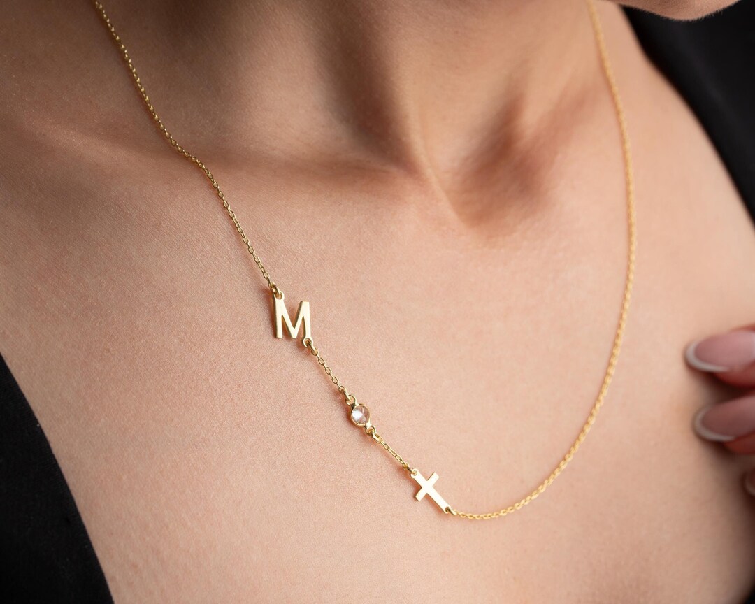 14K Gold Sideways Initial Cross Necklace, Customize Cross Initial ...