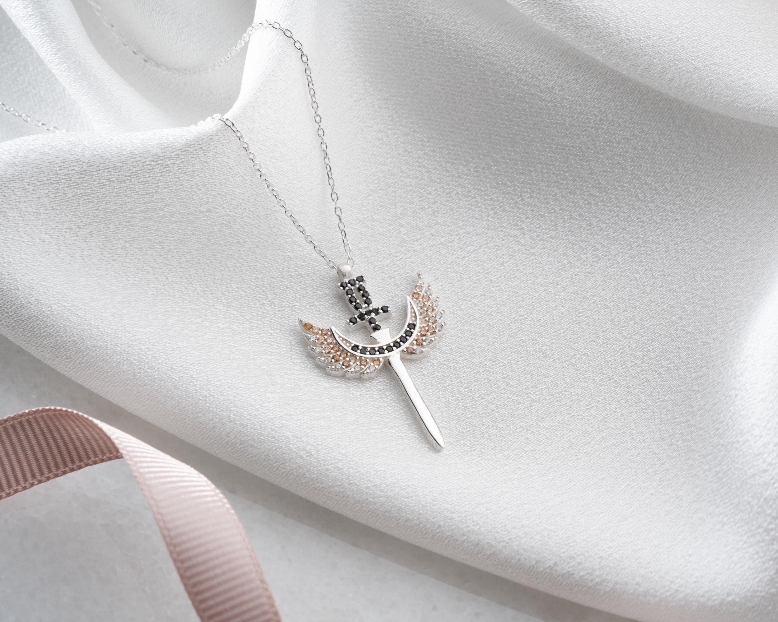 Sterling Silver Saint Michael Sword Necklace, Gold Winged Angel Pendant ...