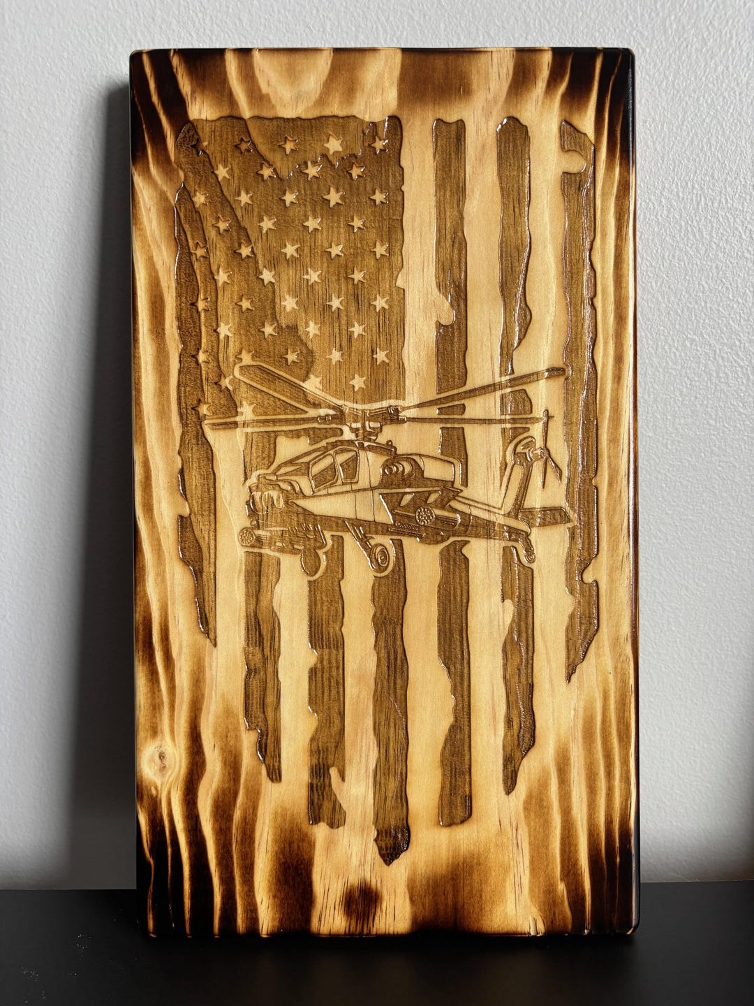 Rustic American Flag and Apache Helicopter Wooden Sign - Military Home ...