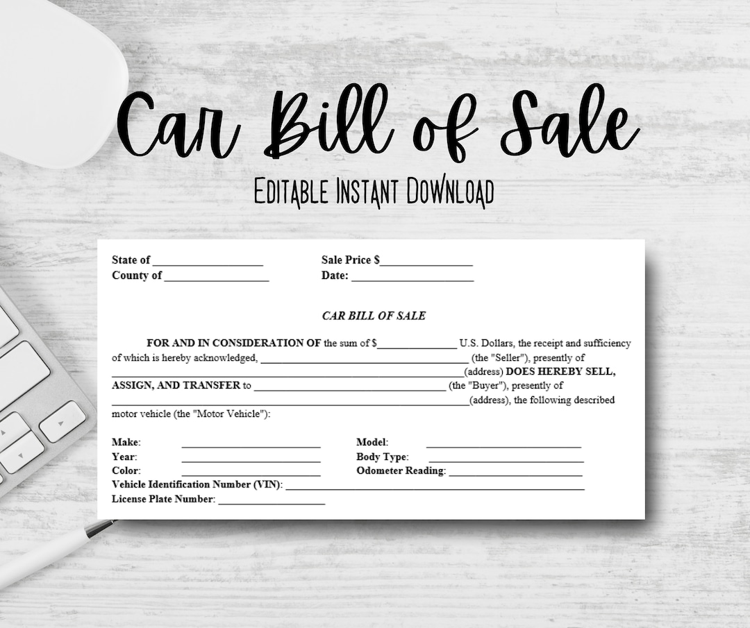 Car Bill of Sale / Odometer Disclosure / Vehicle Bill of Sale ...