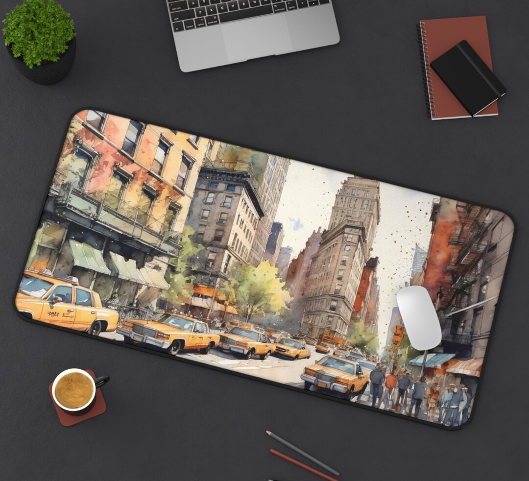 Oil Painting Urban Cityscape Deskmat: Vibrant New York Street Scene ...