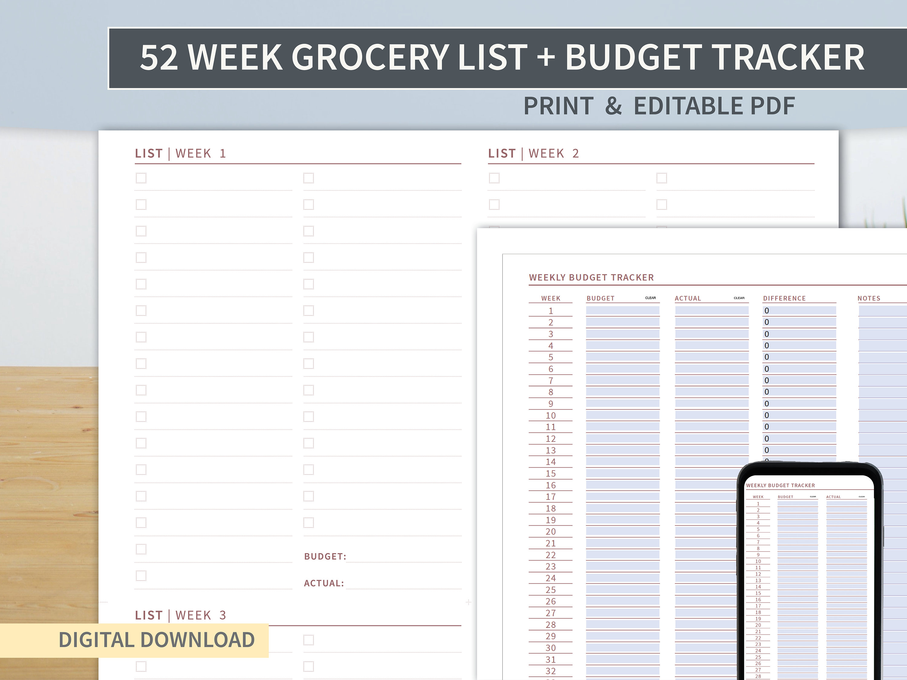 52 Week Grocery/shopping List and Budget Tracker PDF. Full Year Grocery ...