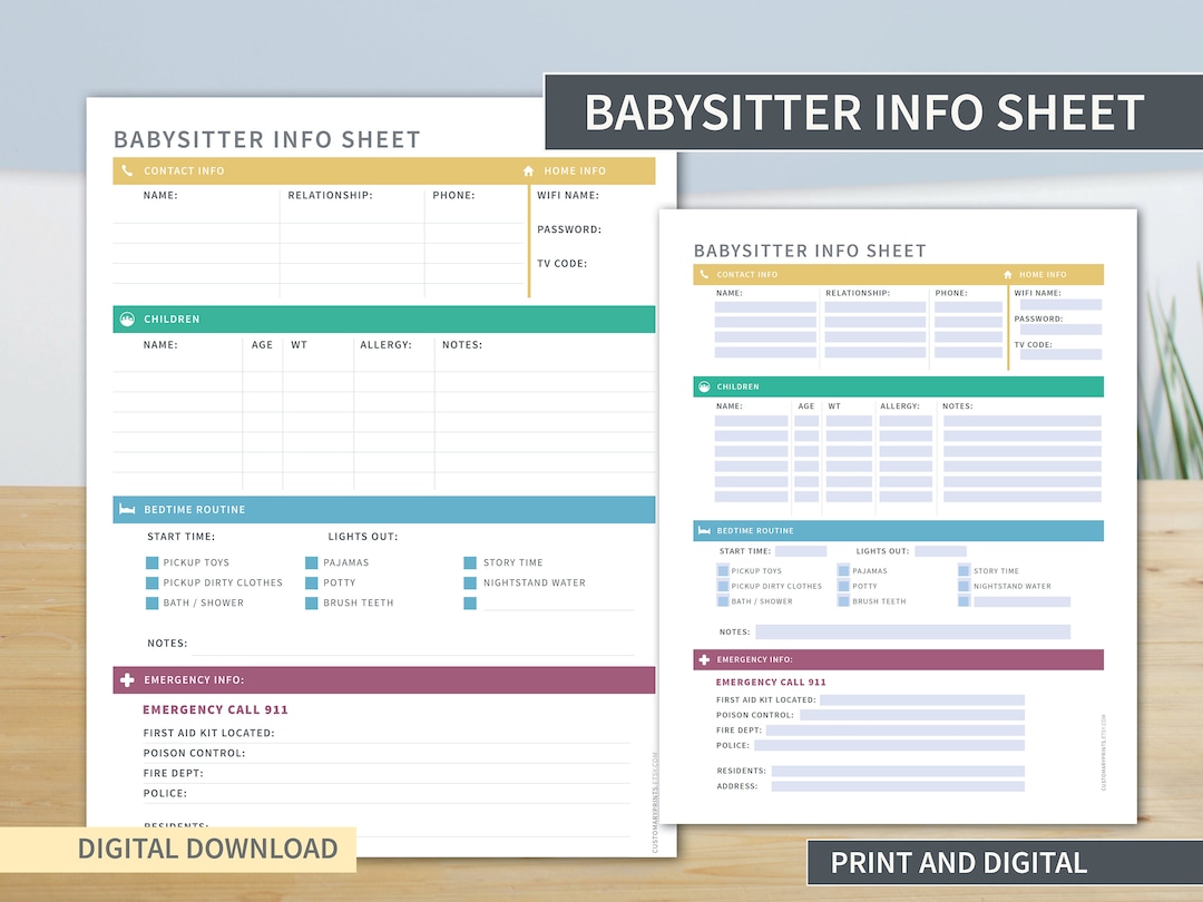 Babysitter Info Sheet for Childcare Nanny. Refrigerator Babysitter ...