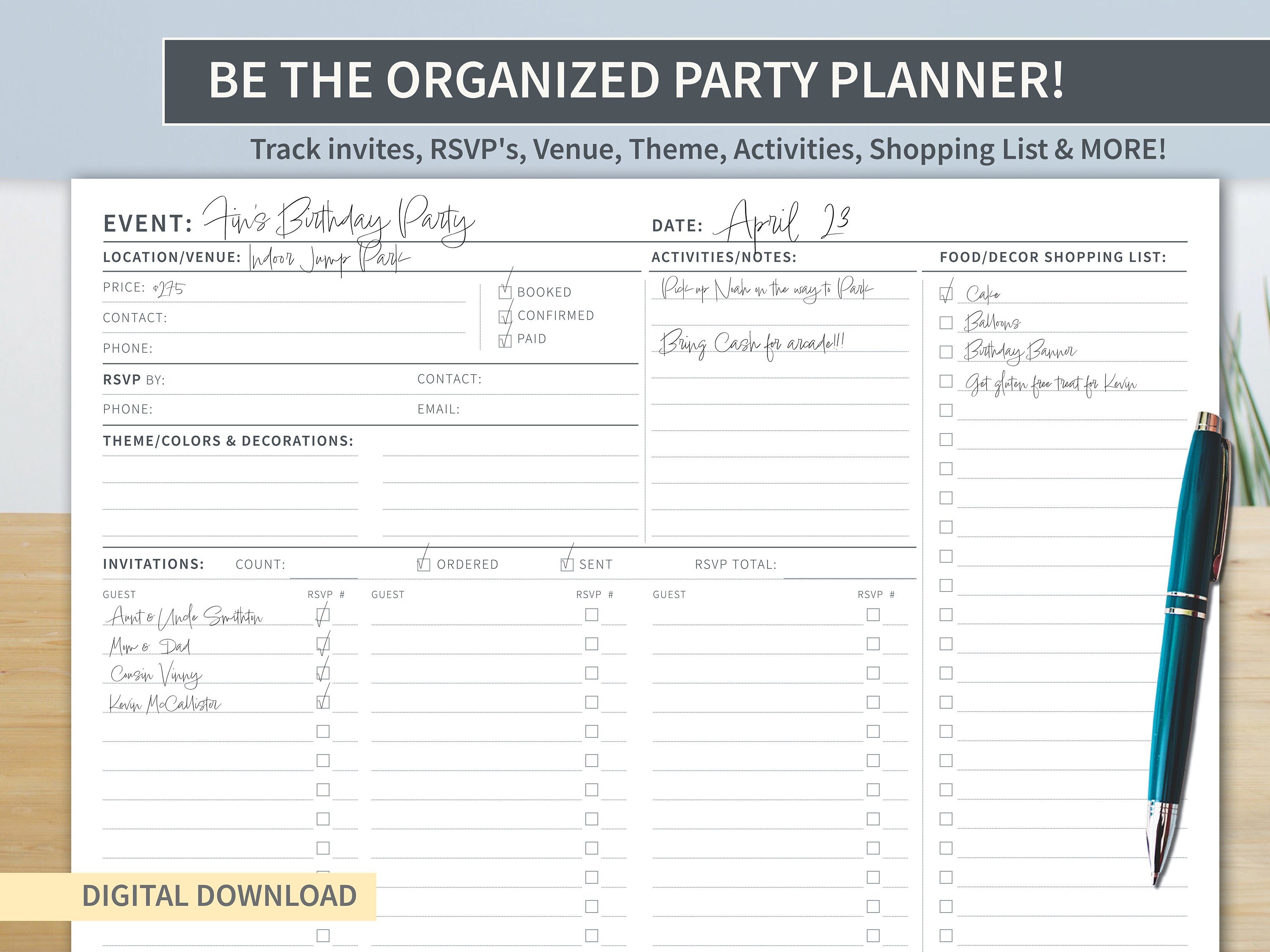 Invitation Tracker | Party Planning Page. Track Birthday or Office ...