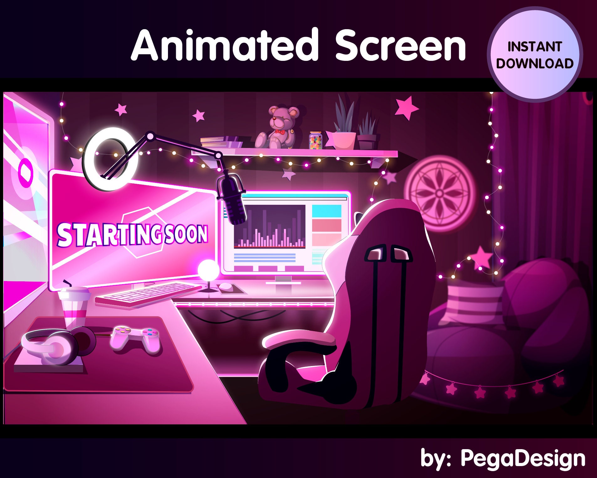 4x Animated Screen for Twitch Lofi Game Room pink Girl Game - Etsy