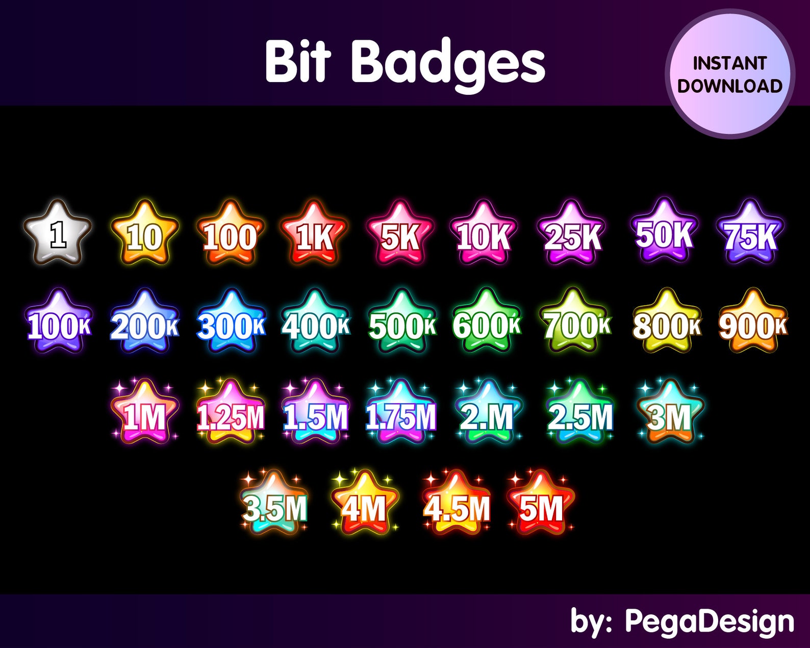Colorful Star Bit Badges | Twitch Bit Badges | Sub Badges | Twitch ...