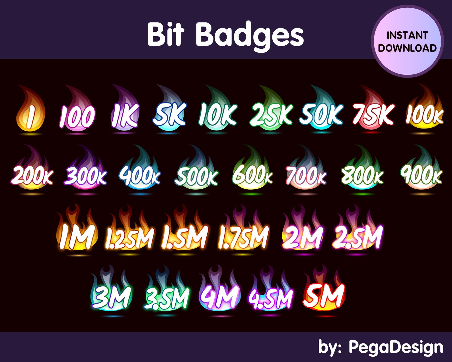 FULL SET Fire Bit Badges | Twitch Bit Badges | Twicth Sub Badges ...