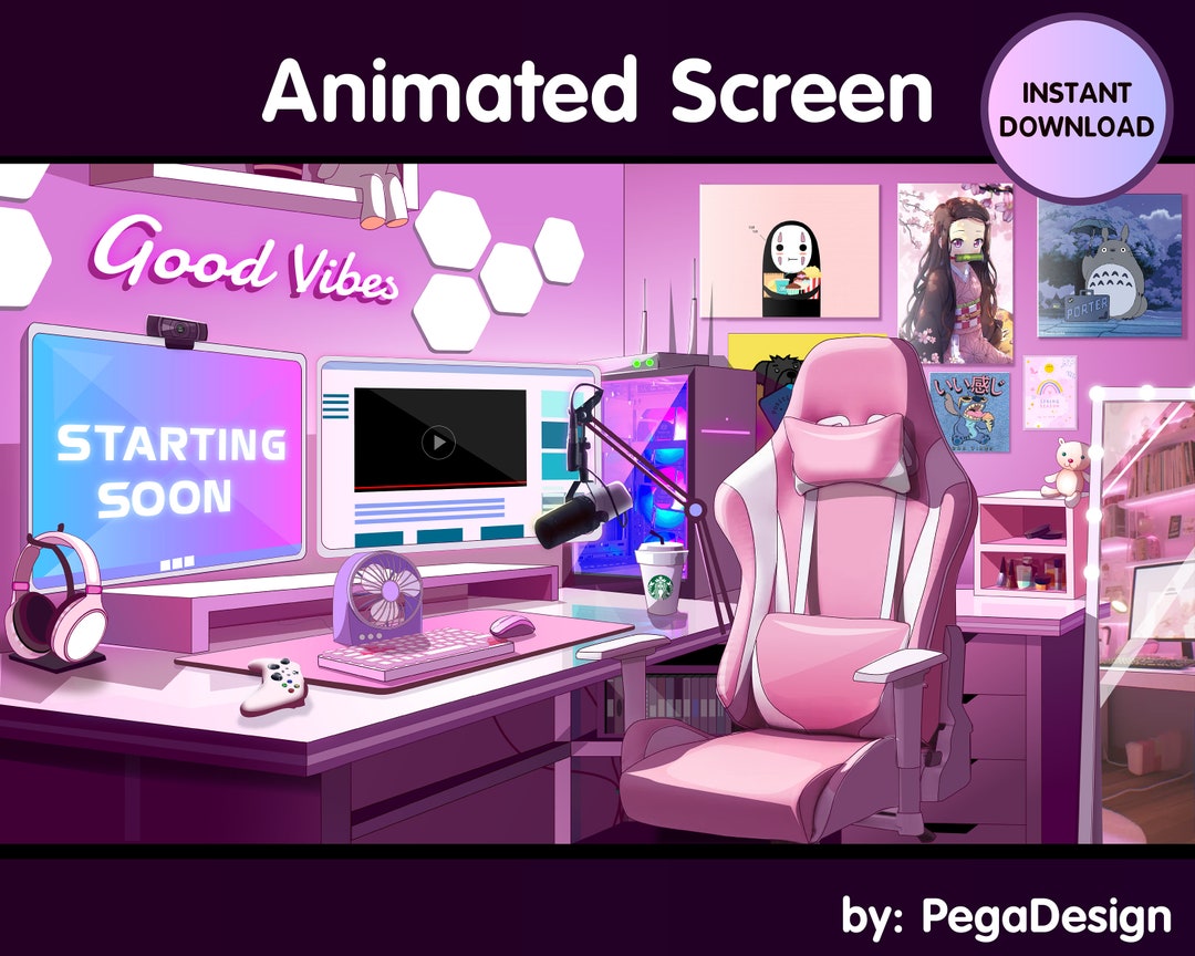 4x Animated Stream Screen for Twitch | Pink Girl Game Room | Neon Game ...
